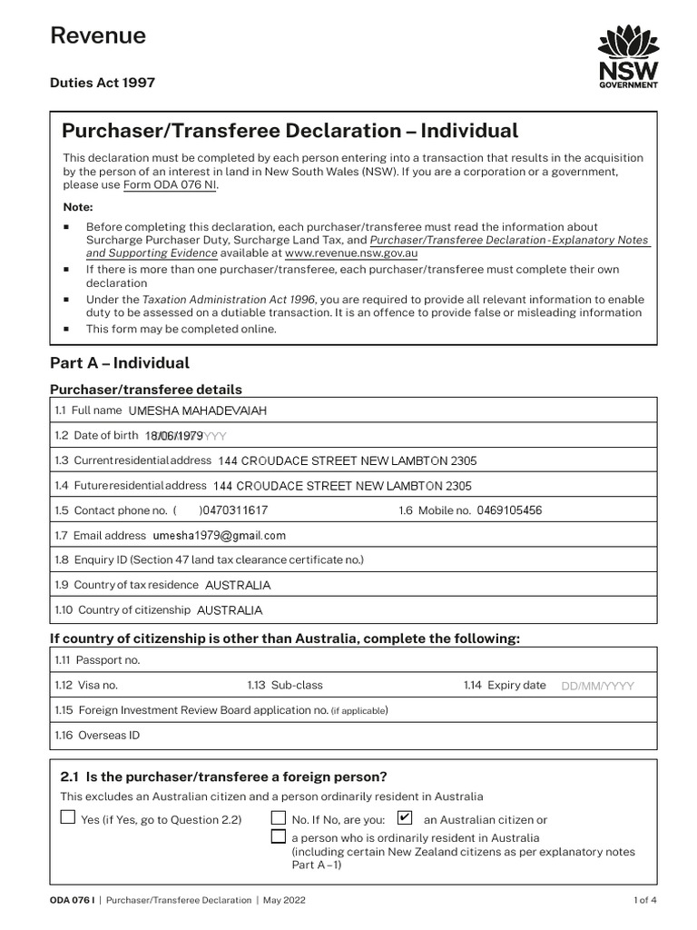 ANNEXURE A - Purchaser Declaration - Oda076i | PDF