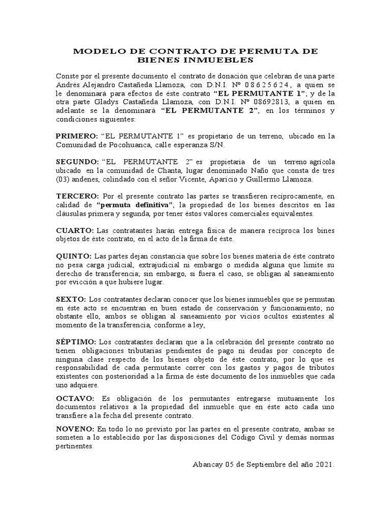 Modelo de Contrato de Permuta de Bienes Inmuebles | PDF | Propiedad ...