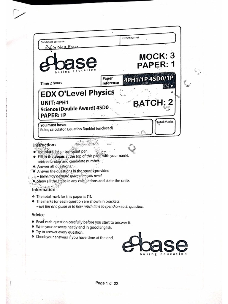 Physics Mock 3 P1 | PDF
