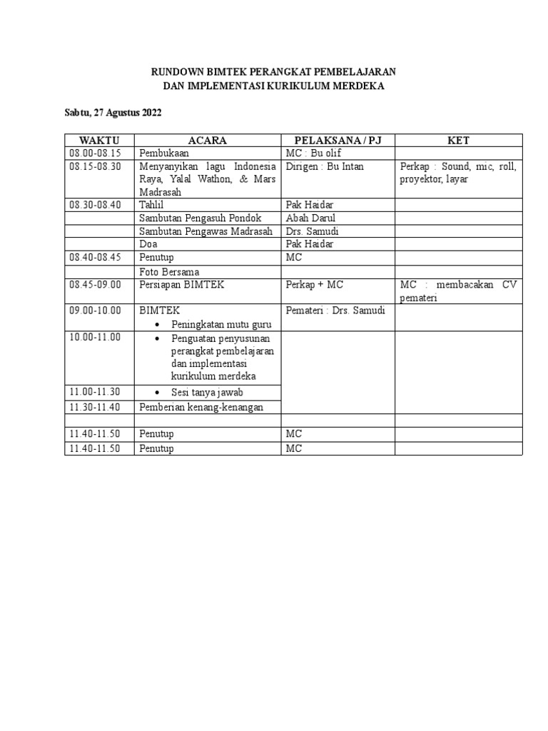 Rundown Bimtek Perangkat Pembelajaran 2022 | PDF