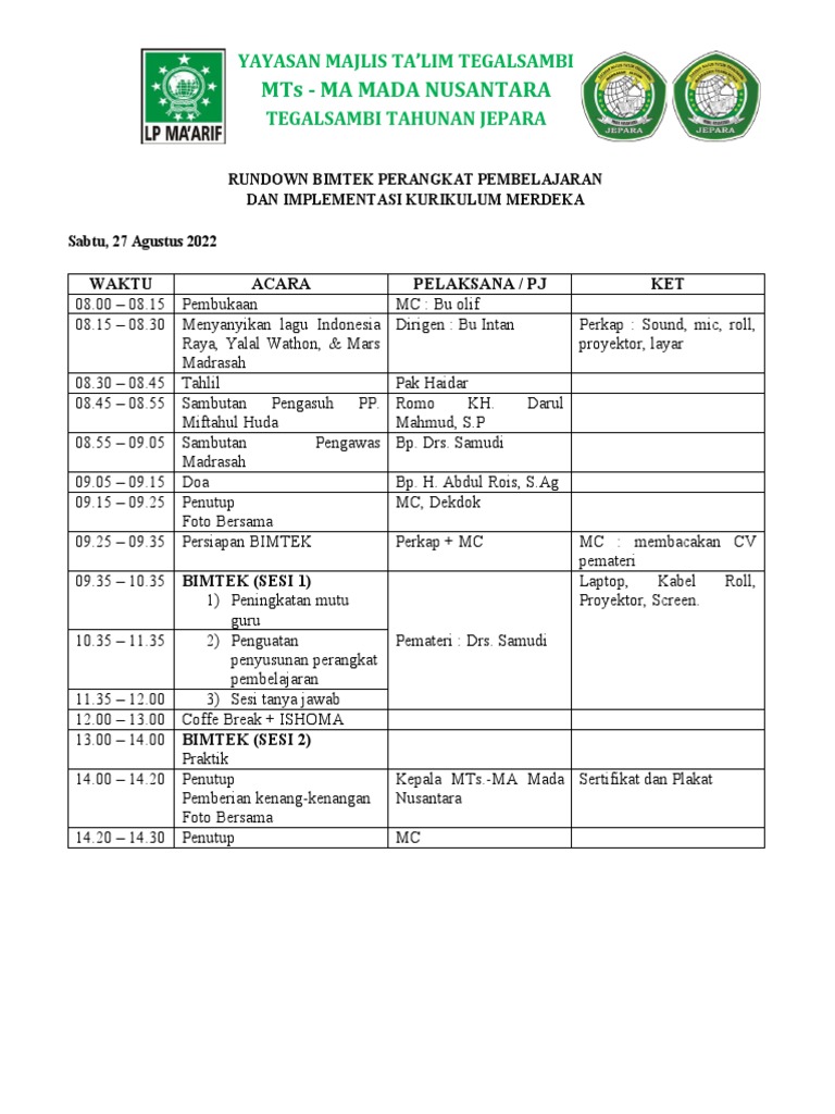 Rundown Bimtek Perangkat Pembelajaran | PDF