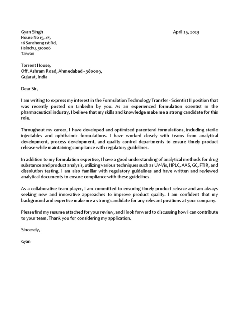 Cover Letter For FTT Dept - Torrent Pharma | PDF