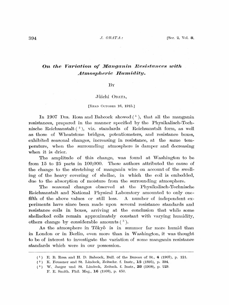 Manganin Resistance Variations and Humidity | PDF | Applied And ...