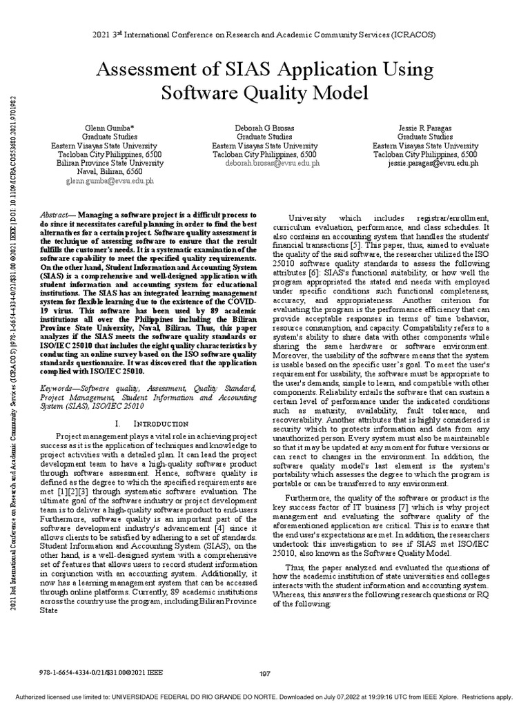 Assessment of SIAS Application Using Software Quality Model | PDF | Software Quality | Usability