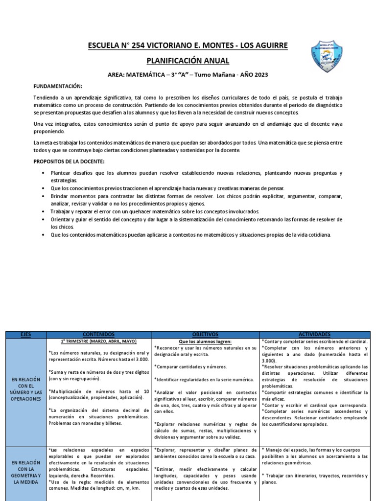 Planificacion Anual Matematica Tercer Grado | PDF | Geometría | Multiplicación