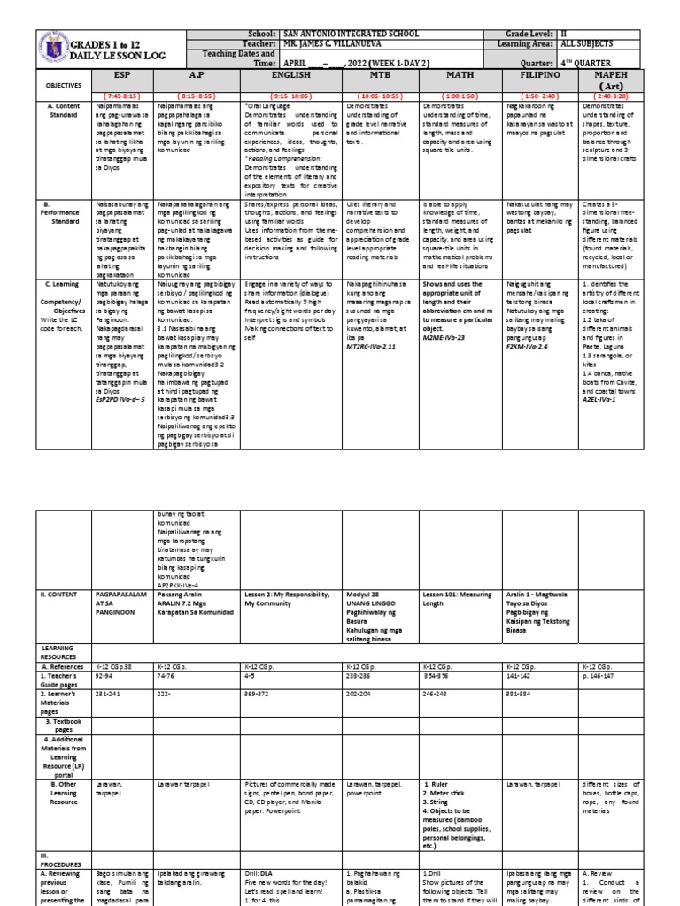 DLL Quarter 4 Week 1 ALL SUBJECTS GRADE 2 DAY 2 | PDF | Cognitive Science | Cognition