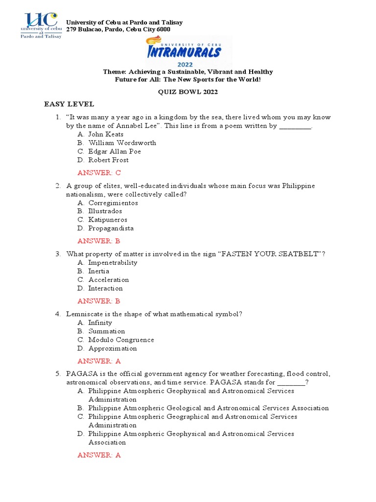 Intramurals Quiz Bowl Questions 2022 | PDF | Social Science | Travel