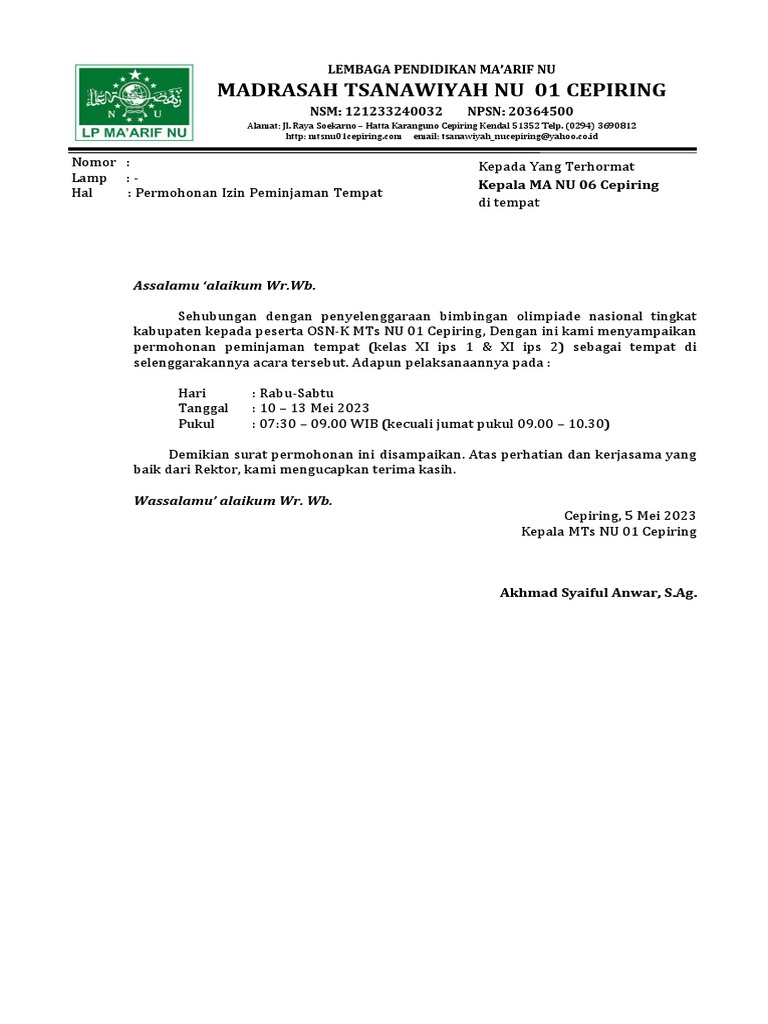 Surat Ijin Peminjaman Tempat | PDF