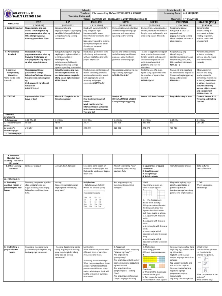 DLL Quarter 4 Week 3 ALL SUBJECTS GRADE 2 DAY 3 | PDF | Cognition ...