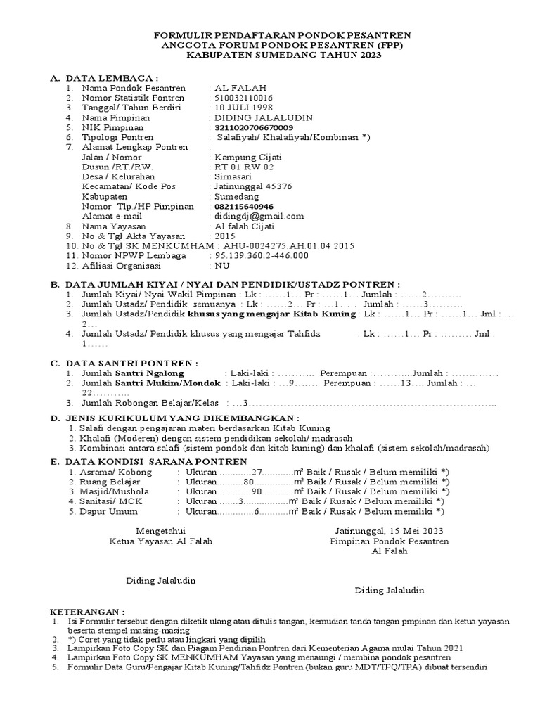 form data ponpes FPP 2023 (1) | PDF