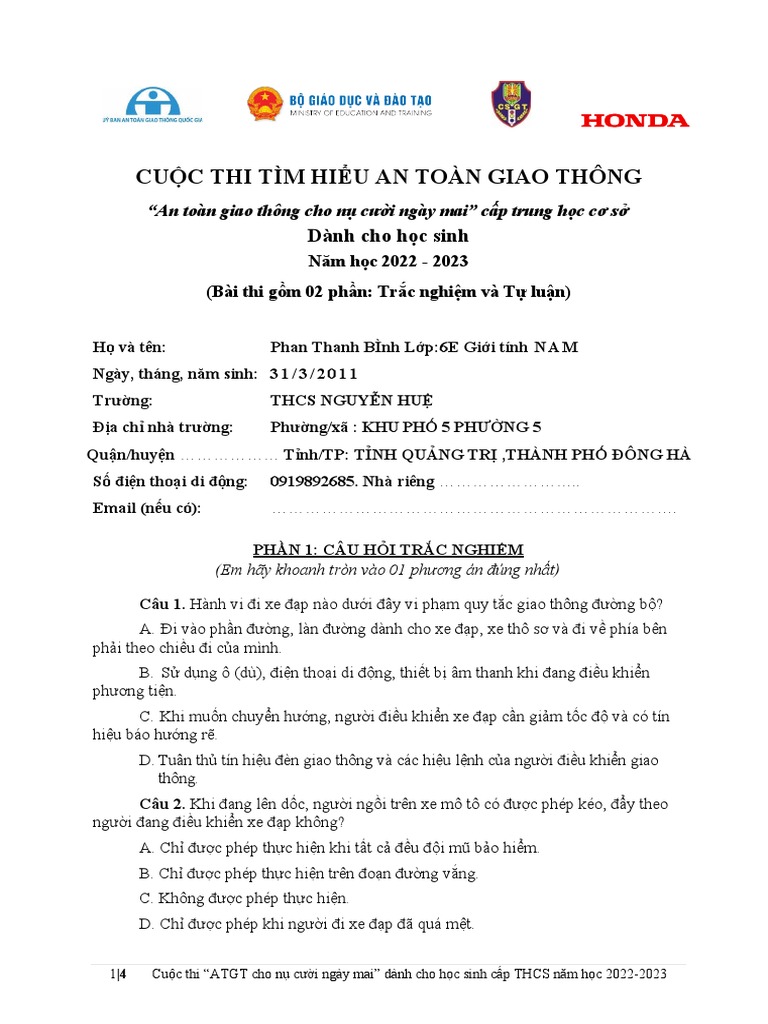 Đề Thi Cho Học Sinh THCS - Final | PDF