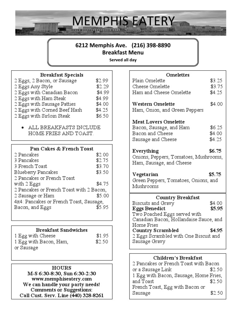 Memphis Eatery Menu & Hours | PDF | Hamburgers | Sausage