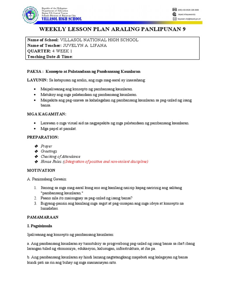 QUARTER 4 WEEKLY LESSON PLAN WEEK 1 Araling Panlipunan 9 | PDF