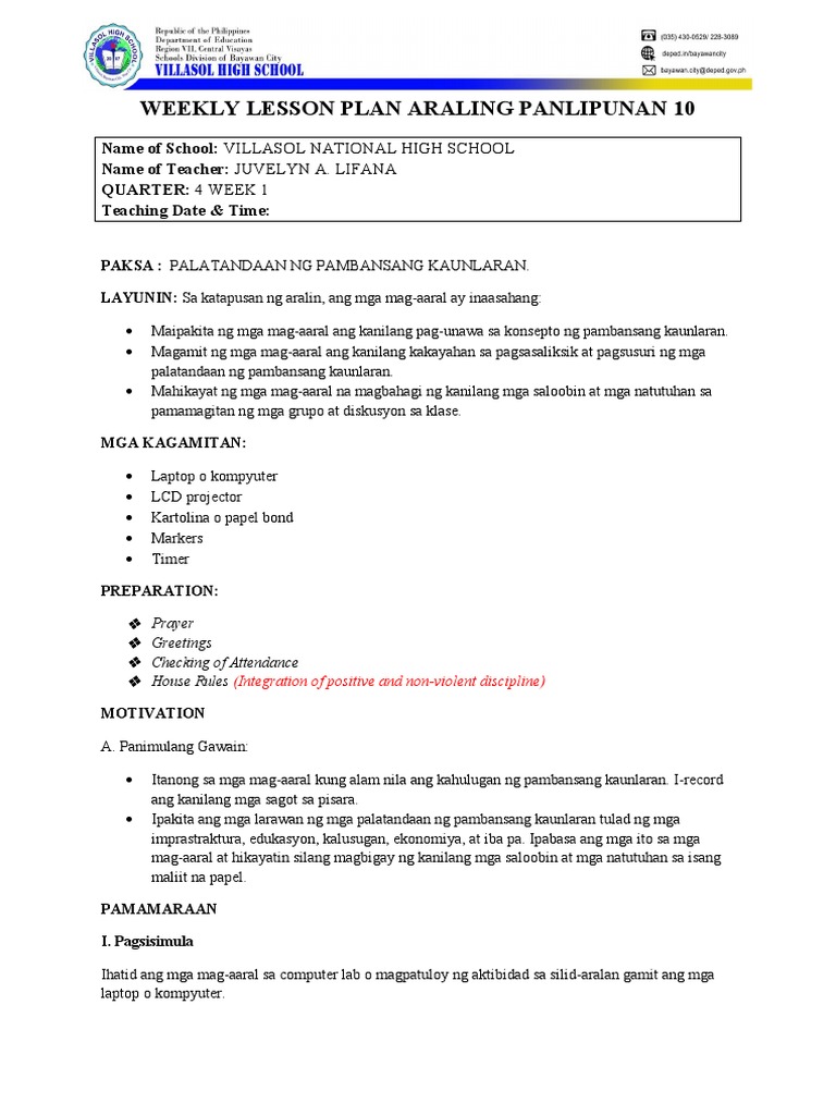 QUARTER 4 WEEKLY LESSON PLAN WEEK 1 Araling Panlipunan 10 | PDF