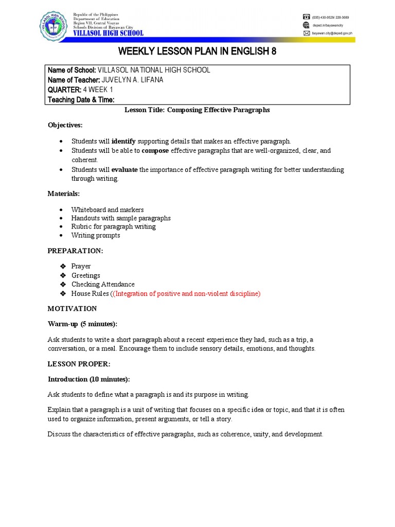 Quarter 4 Weekly Lesson Plan English 8 | PDF