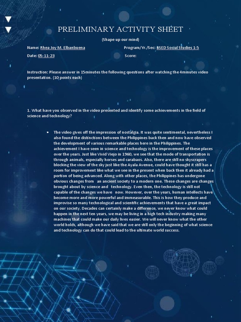 Preliminary Activity Sheet | PDF | Science | Philippines