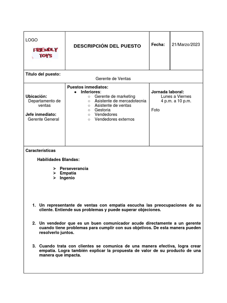 Descripción del puesto Gerente de ventas | PDF | Marketing | Business