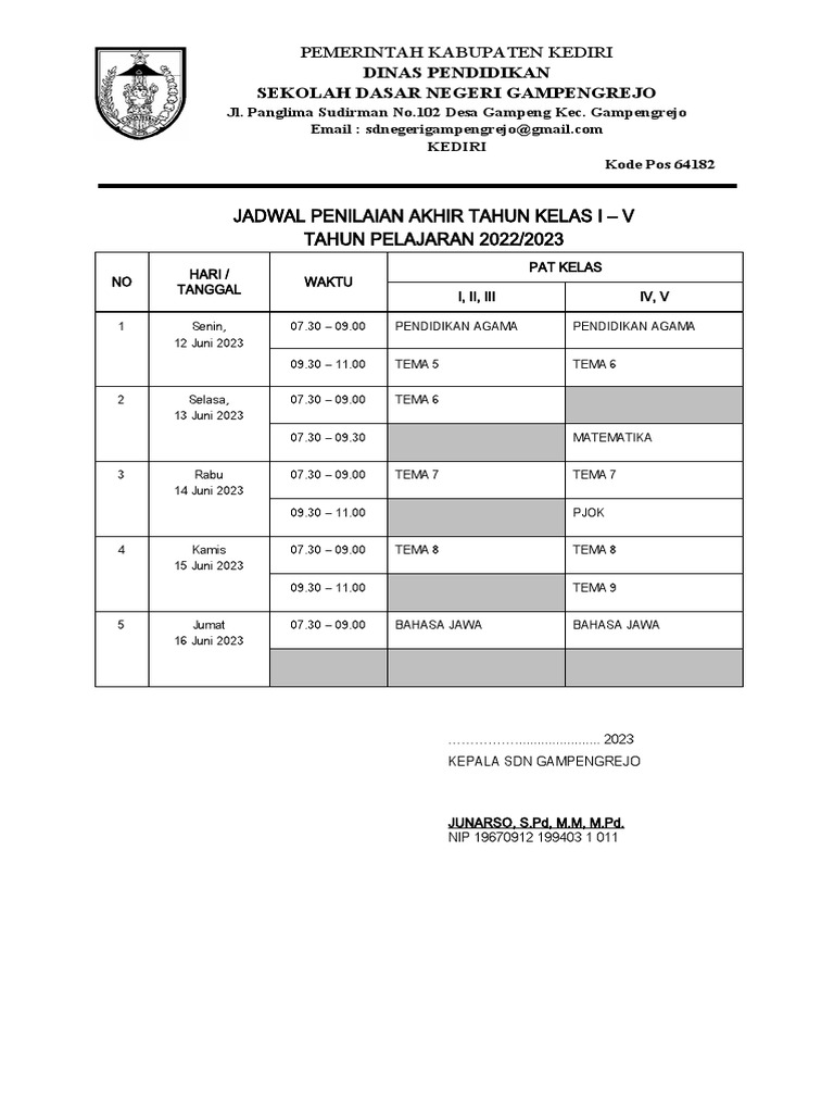 Jadwal PAT Kls 1-5 - 2023 - Tgl. 12 | PDF