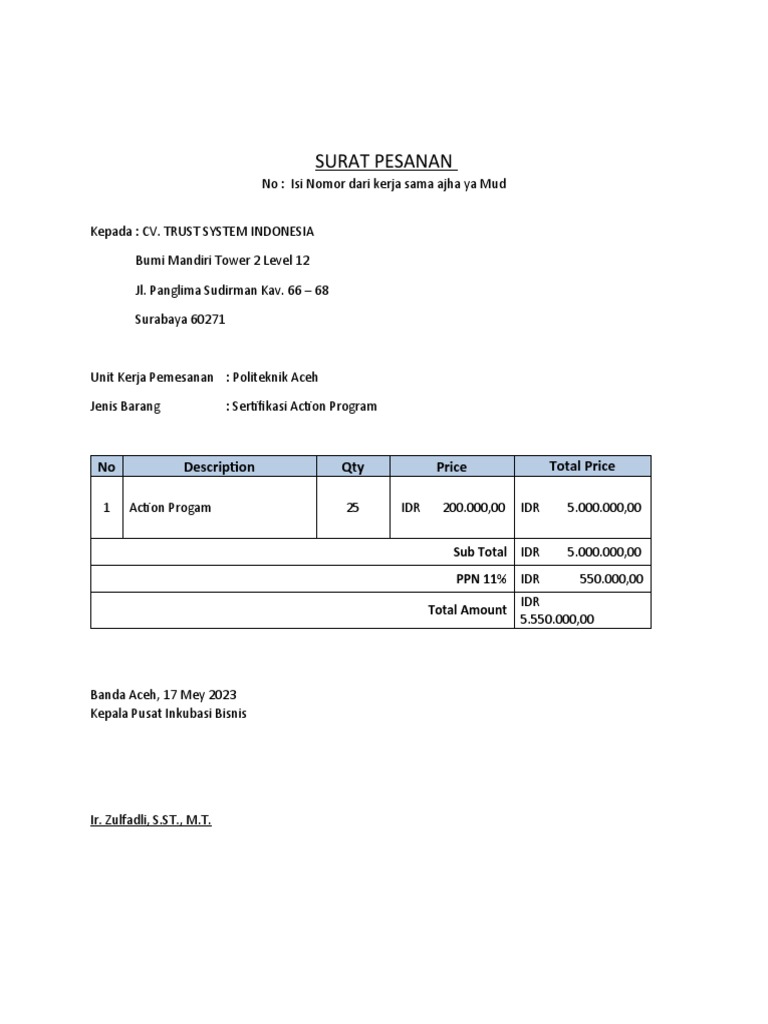Contoh Draft Surat Pesanan Action - Politeknik Aceh(1) | PDF
