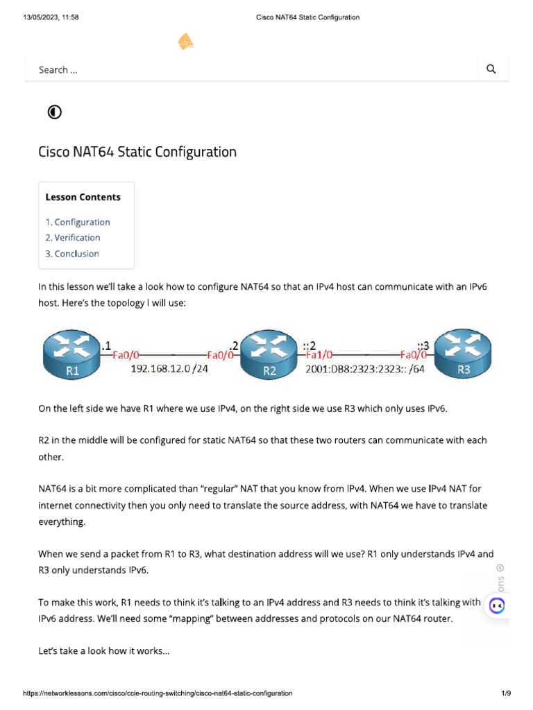 Cisco NAT64 Static Configuration | PDF