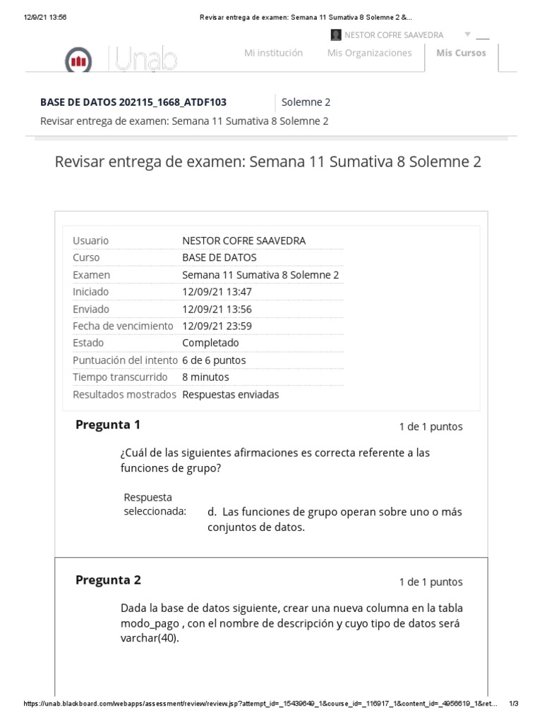 Revisar Entrega de Examen - Semana 11 Sumativa 8 Solemne 2 - .. | PDF | Informática | Gestión de ...
