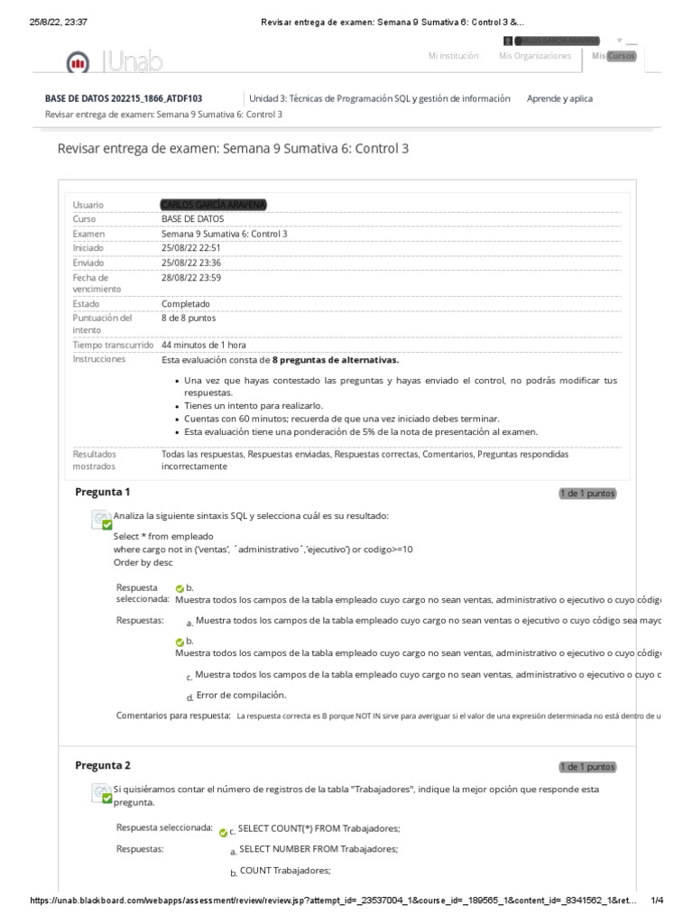 Revisar Entrega de Examen - Semana 9 Sumativa 6 - Control 3 &.. - (1) GGGG | PDF | SQL ...