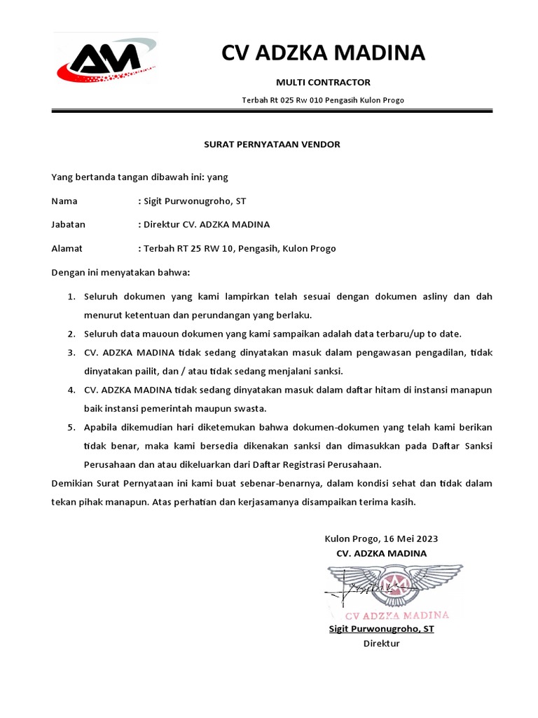 Surat Pernyataan Vendor CV Adzka Madina | PDF