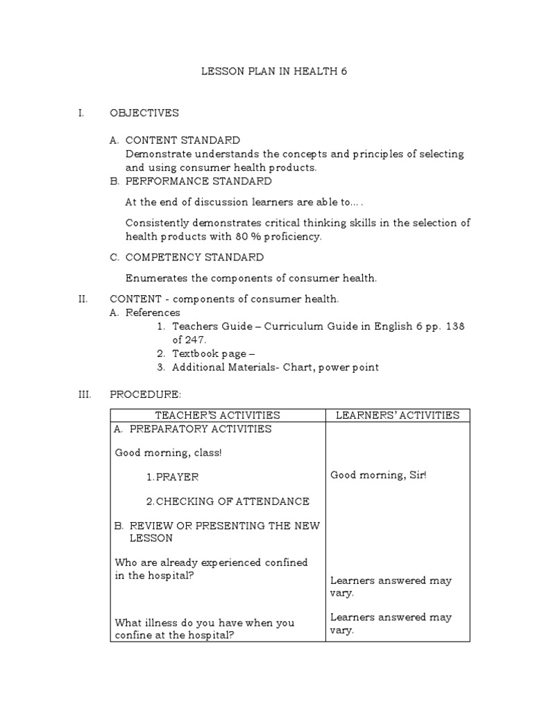Lesson Plan in Health 6 | PDF | Health Informatics | Medicine