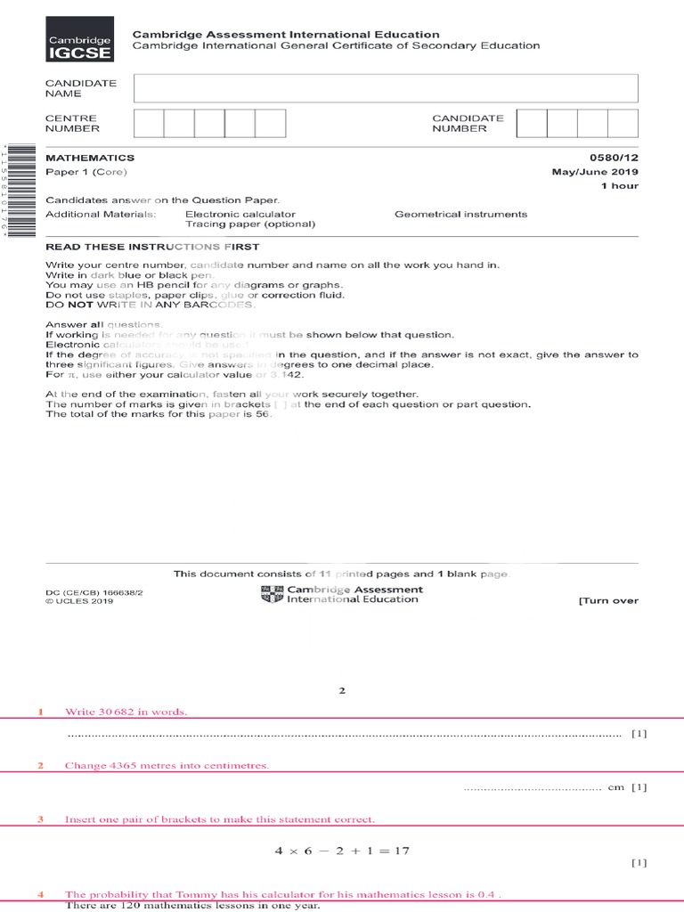 MayJune 2019 - IGCSE Mathematics - Paper - SC Query | PDF