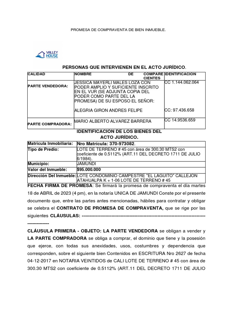 Promesa Compraventa Inmueble Lote 45 El Laguito Pdf Ley Común