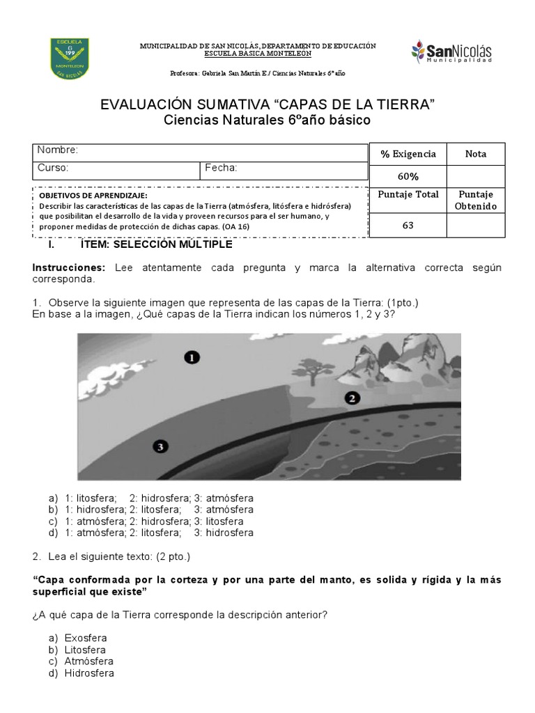 Evaluacion Capas de La Tierra | PDF | Tierra | Atmósfera de tierra