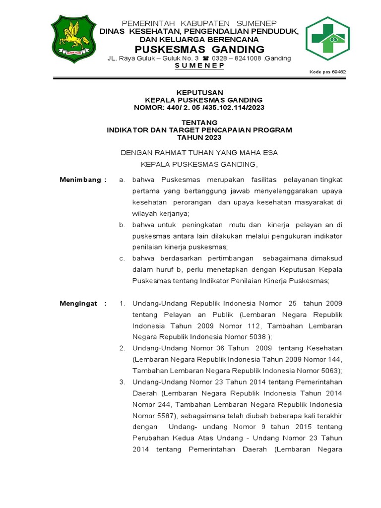 1.5.5.ep 2. SK Indikator Dan Target Pencapaian Program Tahun 2023 | PDF