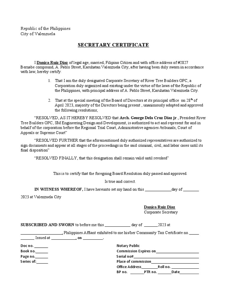 Secretary Certificate | PDF | Political Law | Government Institutions