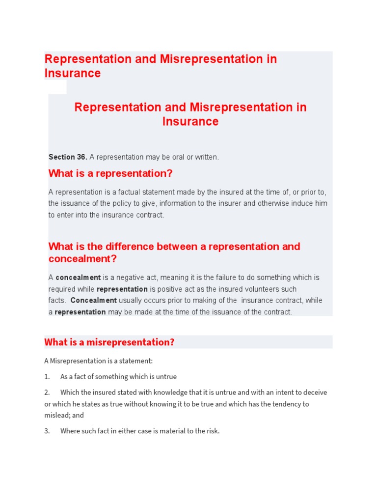 Representation and Misrepresentation in Insurance | PDF ...
