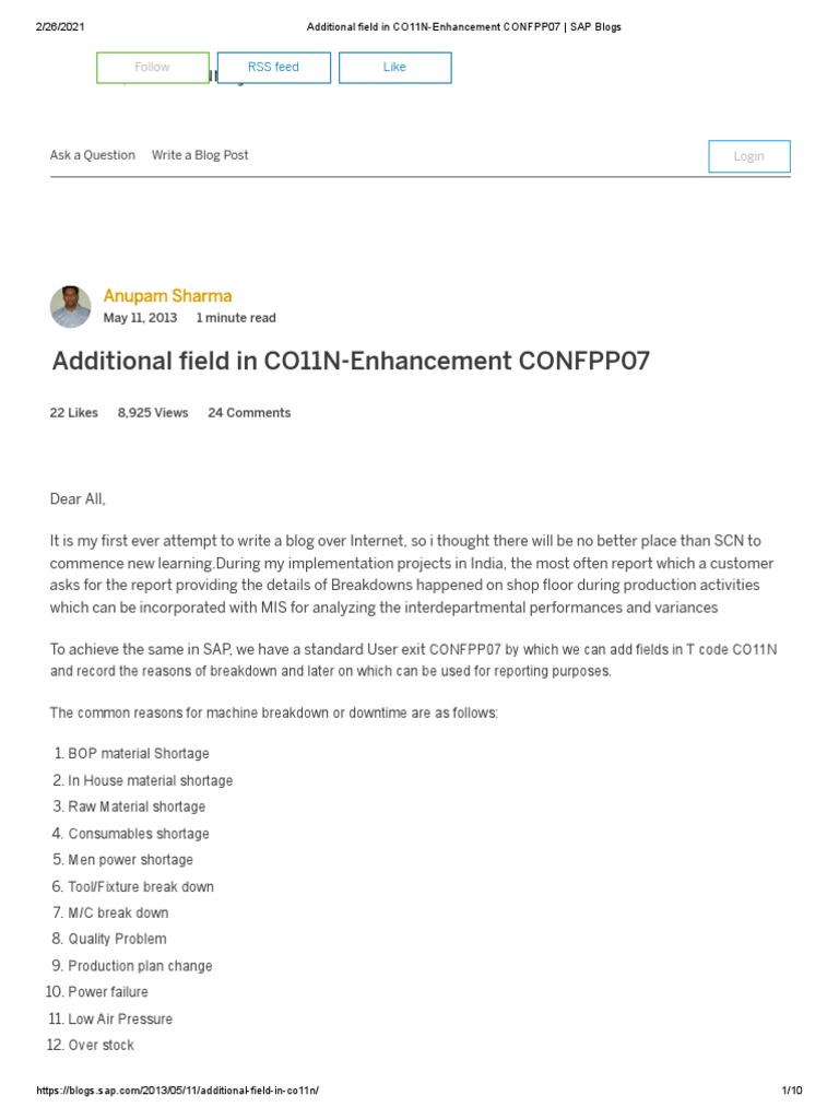 Additional Field in CO11N-Enhancement CONFPP07 - SAP Blogs | PDF | Computing