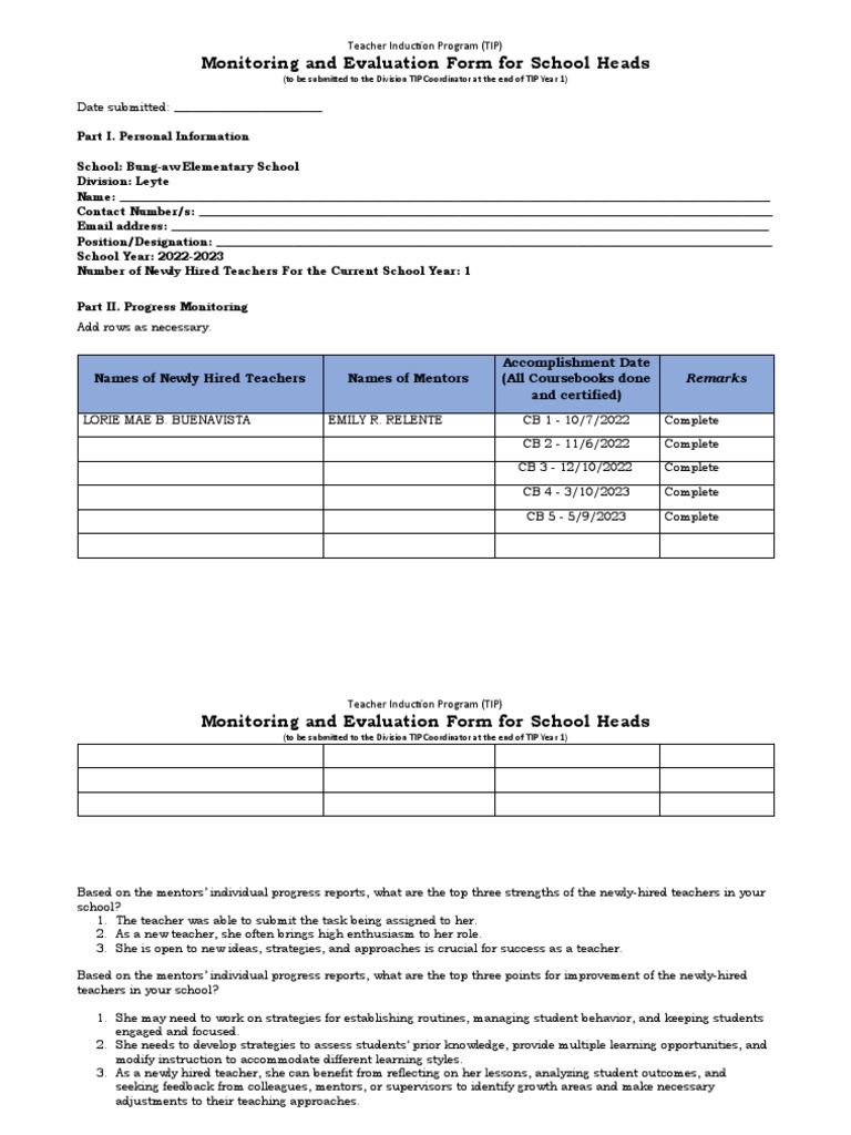TIP Monitoring & Evaluation Form for Schools | PDF | Mentorship | Teachers