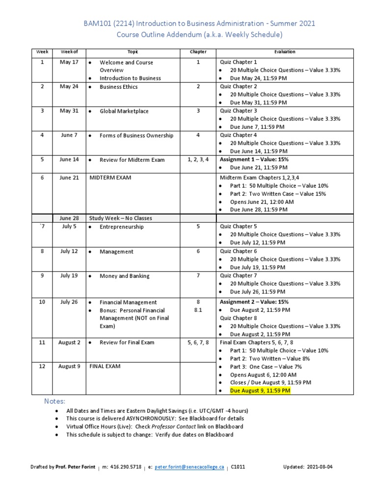 BAM101 (2214) Course Outline Addendum A.K.A. Weekly Schedule (Prof ...