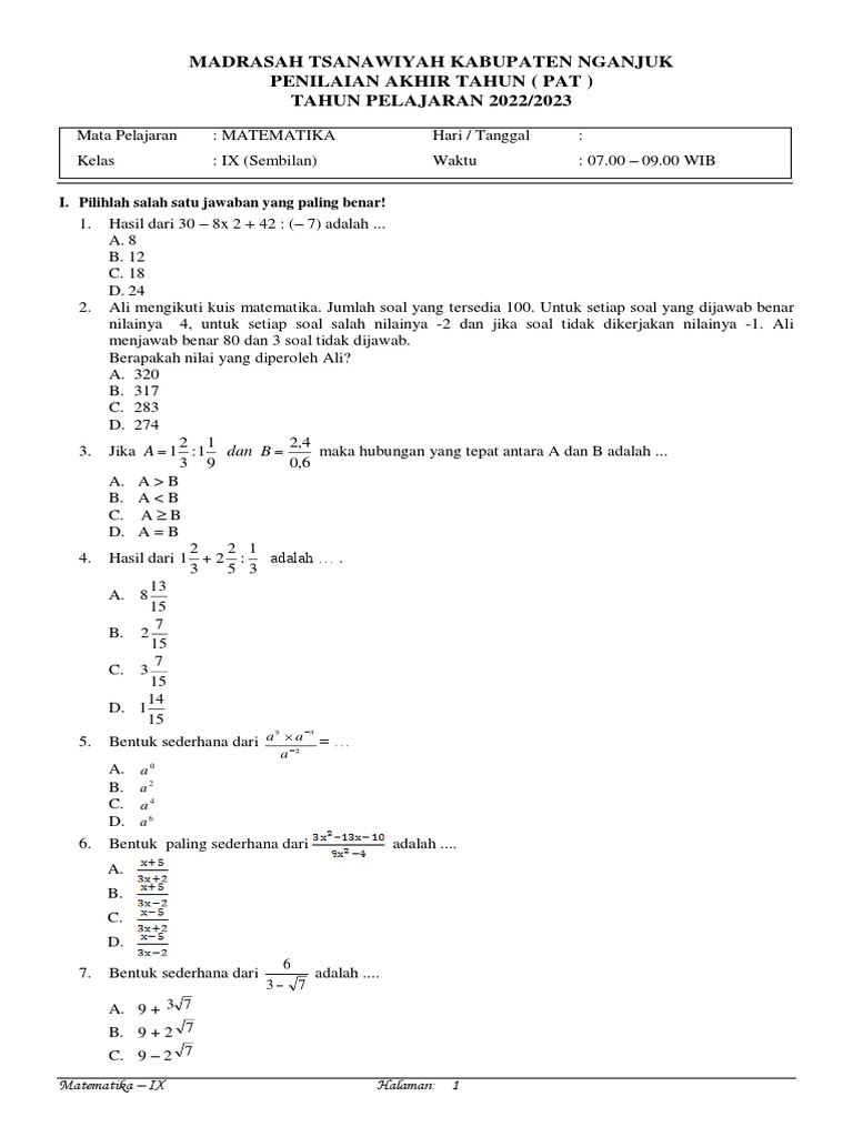 Naskah Pat Mapel Matematika Kelas 9 Tapel 2023 | PDF | Metode & Bahan Ajar