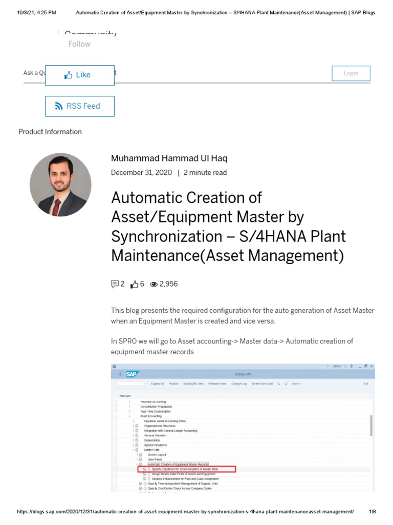 Automatic Creation of Asset - Equipment Master by Synchronization - S ...