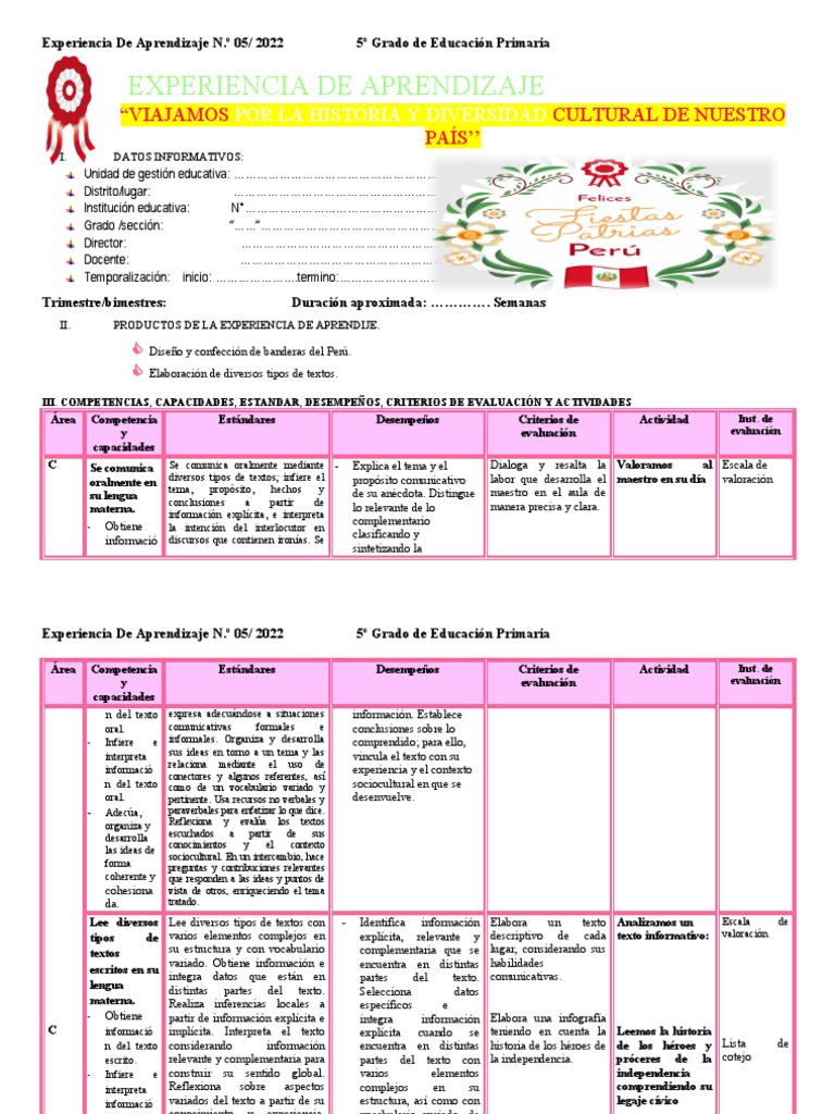 5° Grado Experiencia de Aprendizaje 5 | PDF | Evaluación | Aprendizaje