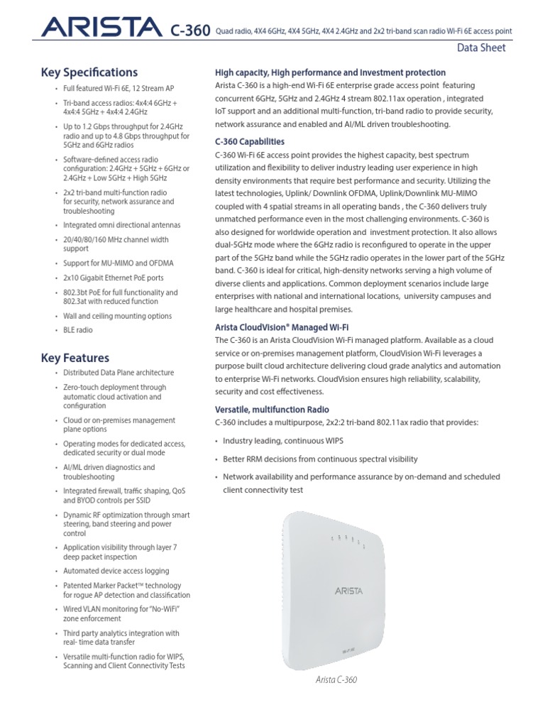 Arista C 360 Datasheet | PDF | Ieee 802.11 | Wi Fi