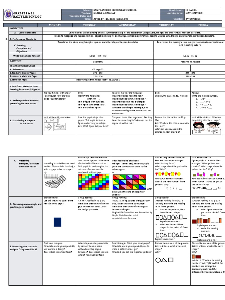 DLL - Mathematics 3 - Q3 - W10 | PDF | Pattern | Shape