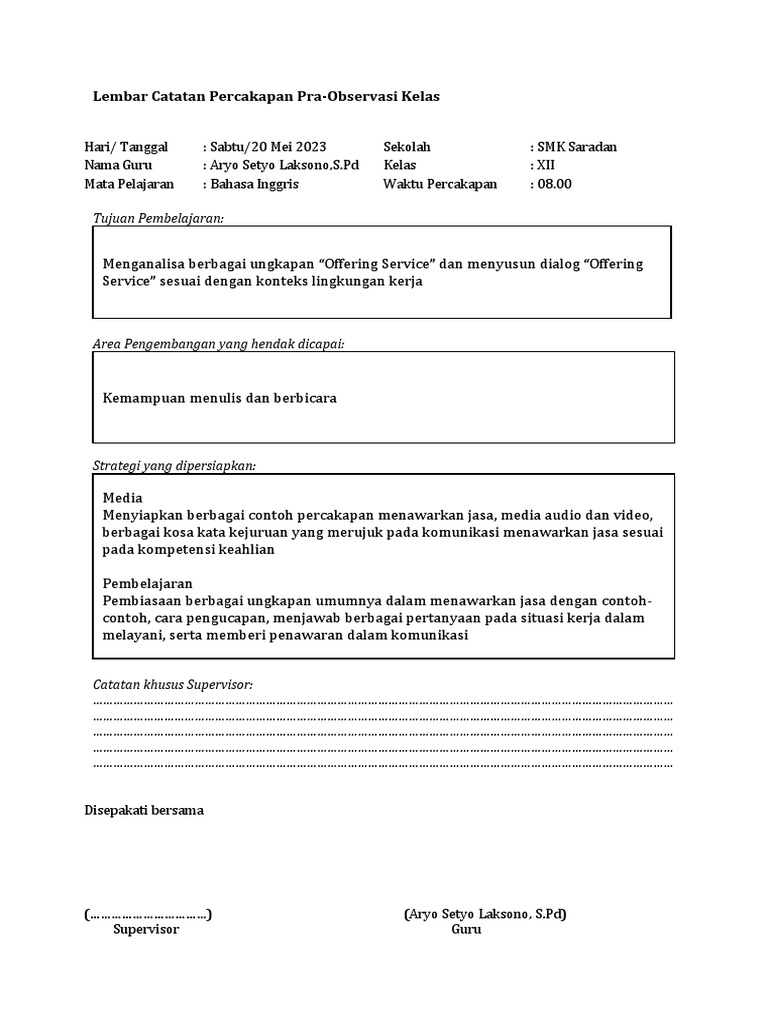 1 - Lembar Catatan Percakapan Pra-Observasi Kelas | PDF