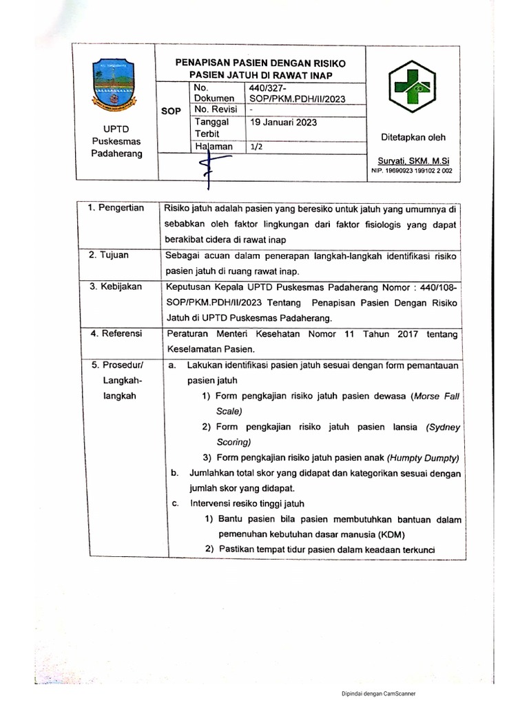 SOP Penapisan Pasien Dengan Resiko Pasien Jatuh Di RANAP | PDF