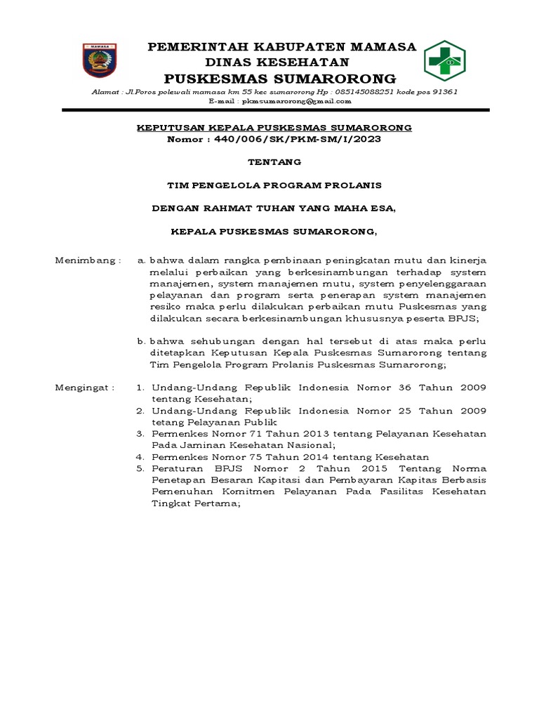 SK 009 TIM Pengelola Prolanis 2023 | PDF