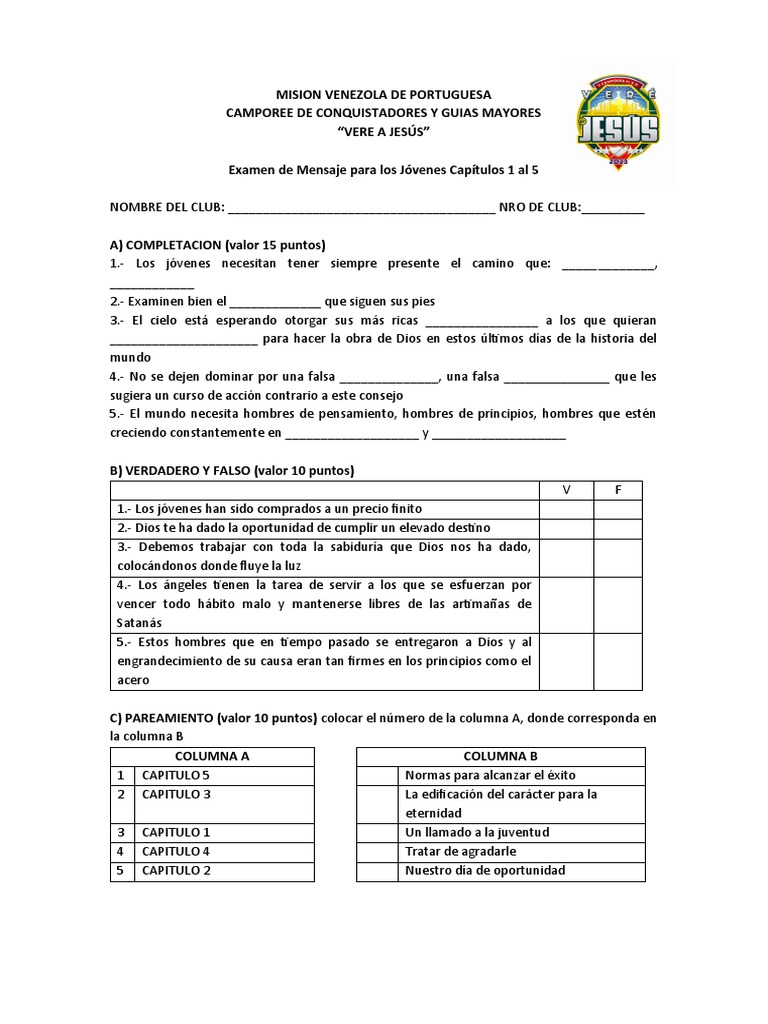 Examen Mensaje para Jóvenes Adventistas | PDF | Dios | Creencia ...