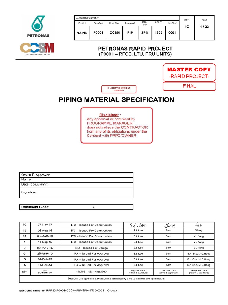 RAPID Project Piping Material Spec 1C | PDF | Pipe (Fluid Conveyance) | Valve
