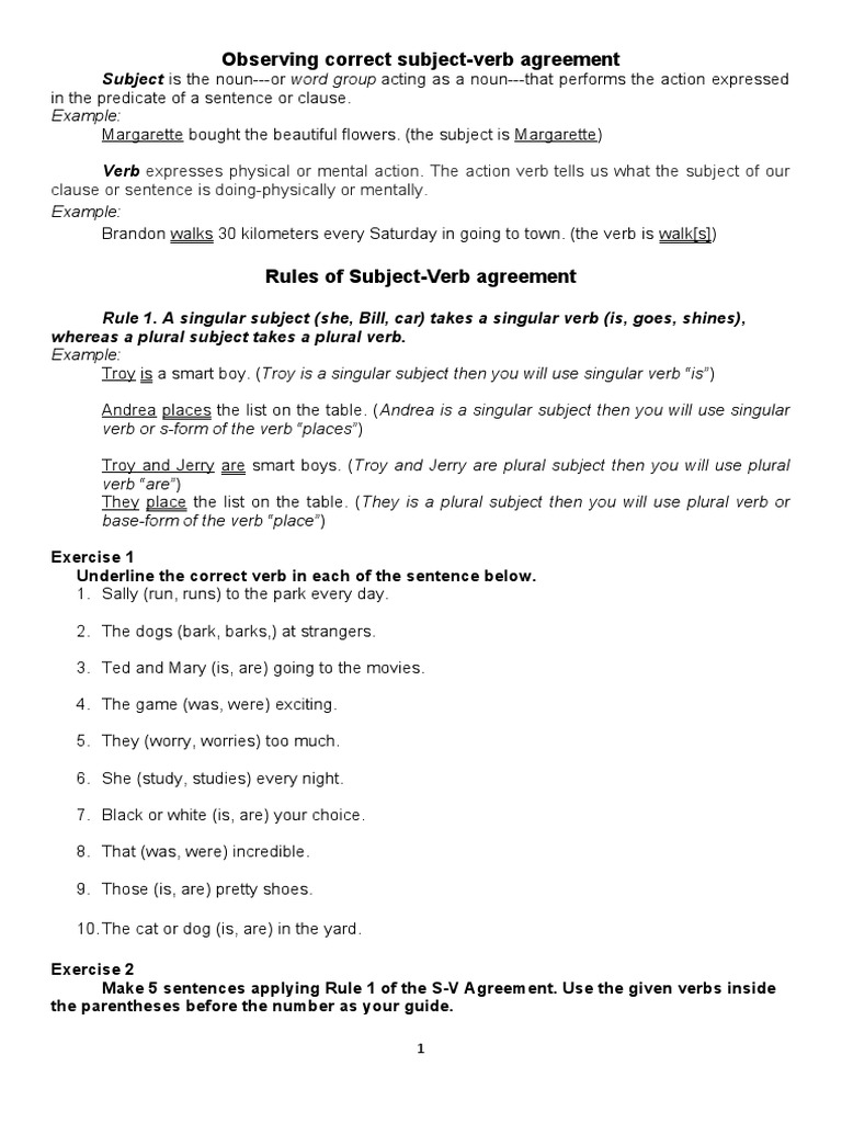 SV Agreement Worksheet | PDF | Grammatical Number | Subject (Grammar)