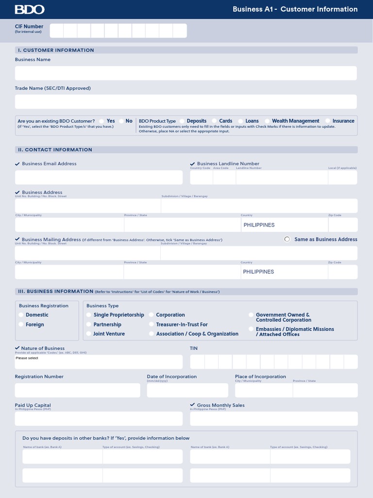 BDO A1 Customer Information Form Guide | PDF | Banks | Business