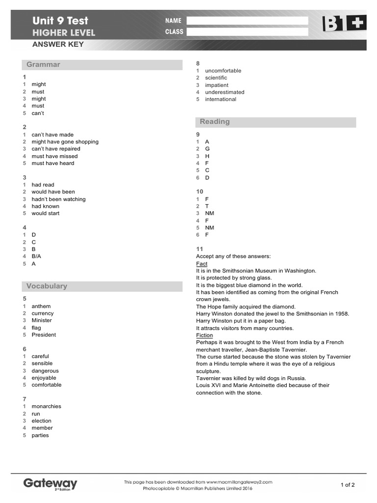 Gateway B1+ Unit 9 Test Answer Key | PDF